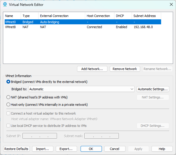 VMware에서 Virtual Network Editor (vmnetcfg) 설정 – 미니미니칩칩